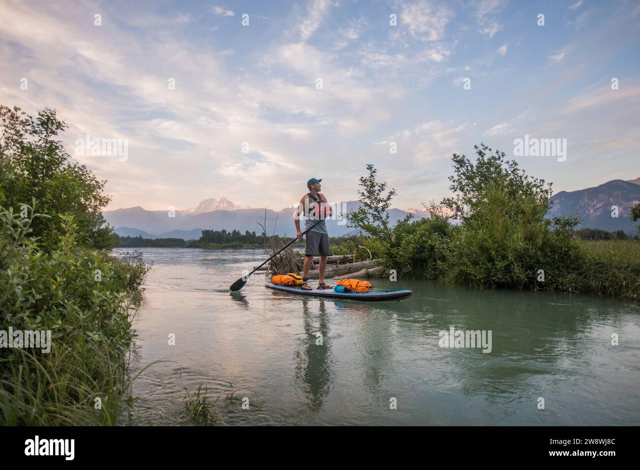 SUP Paddling the Squamish River, summer evening, B.C Stock Photo - Alamy
