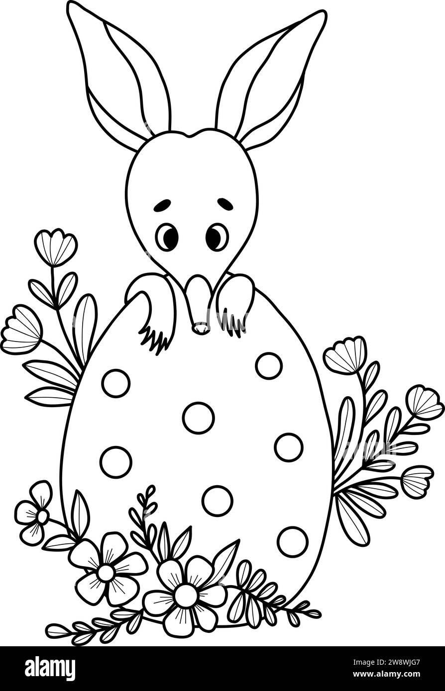 Cute Easter bilby with egg and flowers. Australian animal. Linear ...