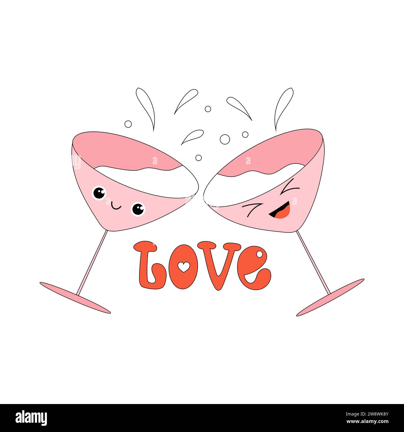 Cute Valentines Day card with two smiling wine glasses. Mascot ...