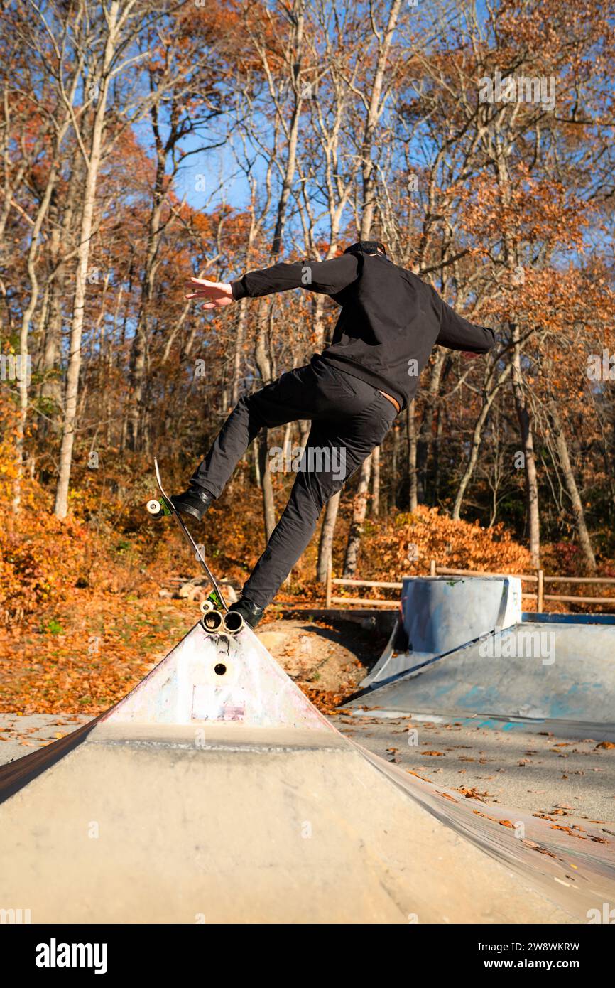 Solo Man skateboarding a skatepark ramp in autumn Stock Photo - Alamy