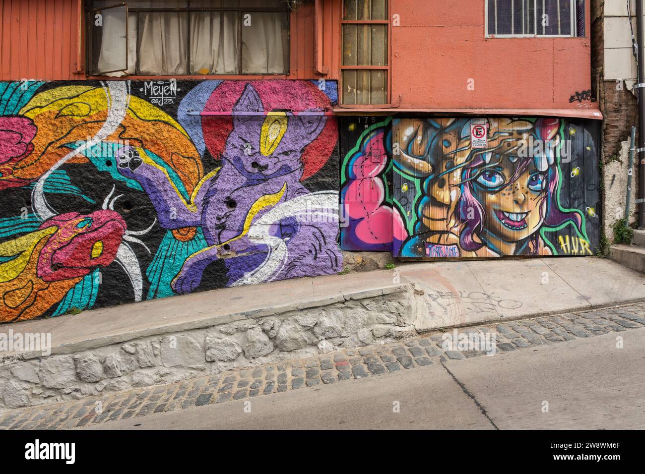 Beautiful view to colorful graffiti street art on the side of building ...