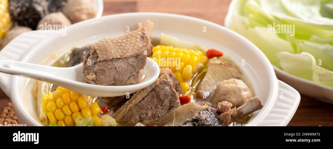 Delicious ginger duck stew hot pot soup with fresh vegetables in Taiwan ...
