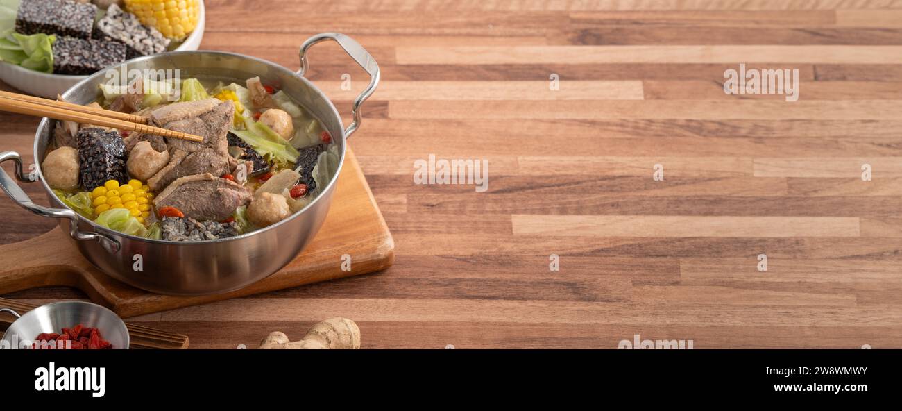 Delicious ginger duck stew hot pot soup with fresh vegetables in Taiwan ...