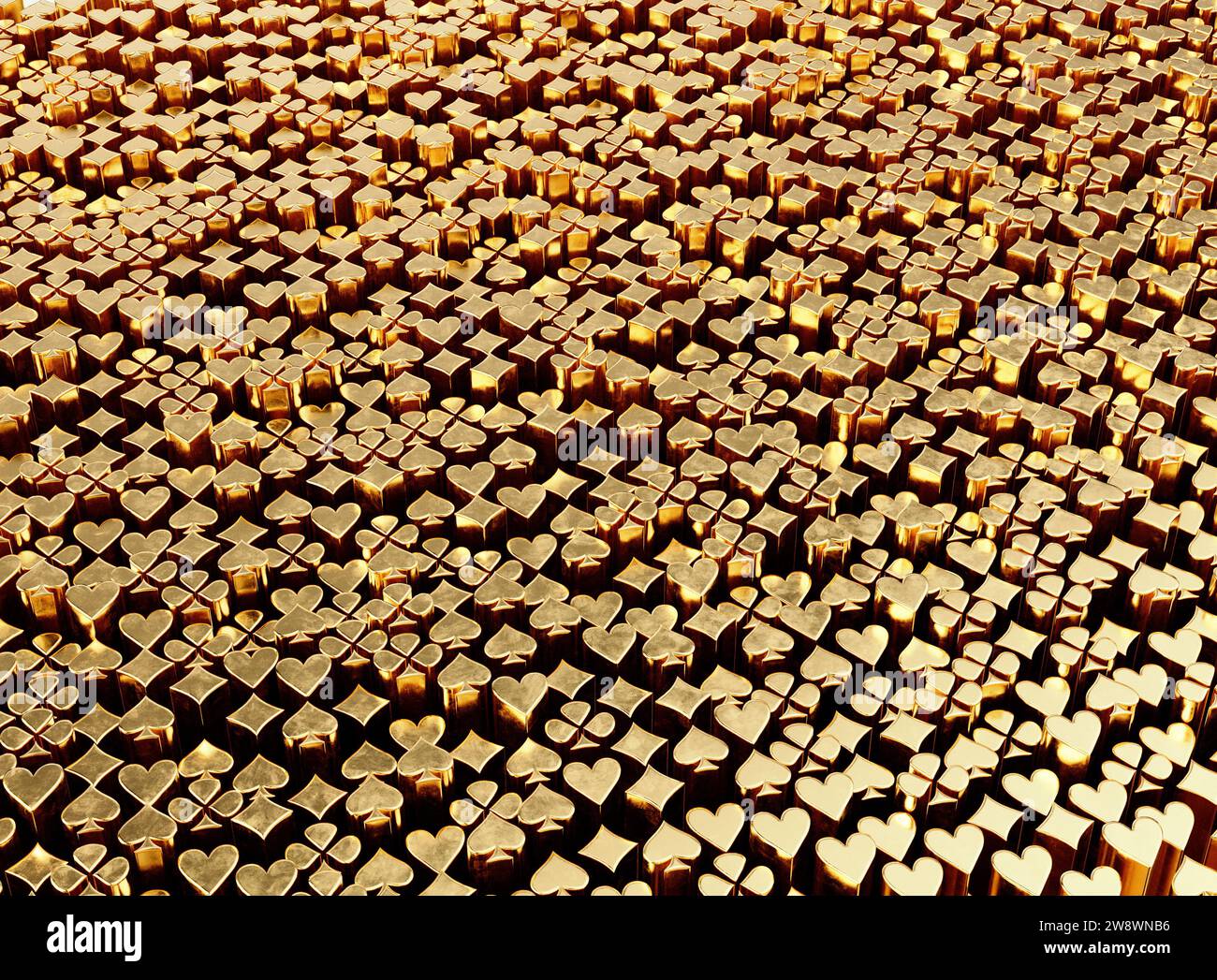 An extruded array of gold casino card heart, diamond, spade, and club ...