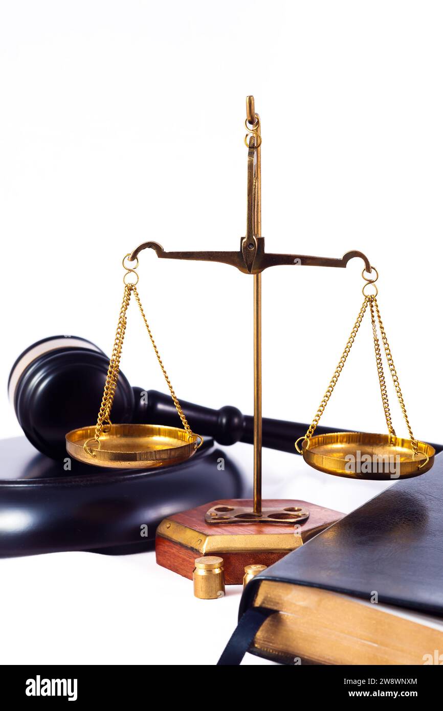 Scales of justice with judge's gavel in background Stock Photo - Alamy
