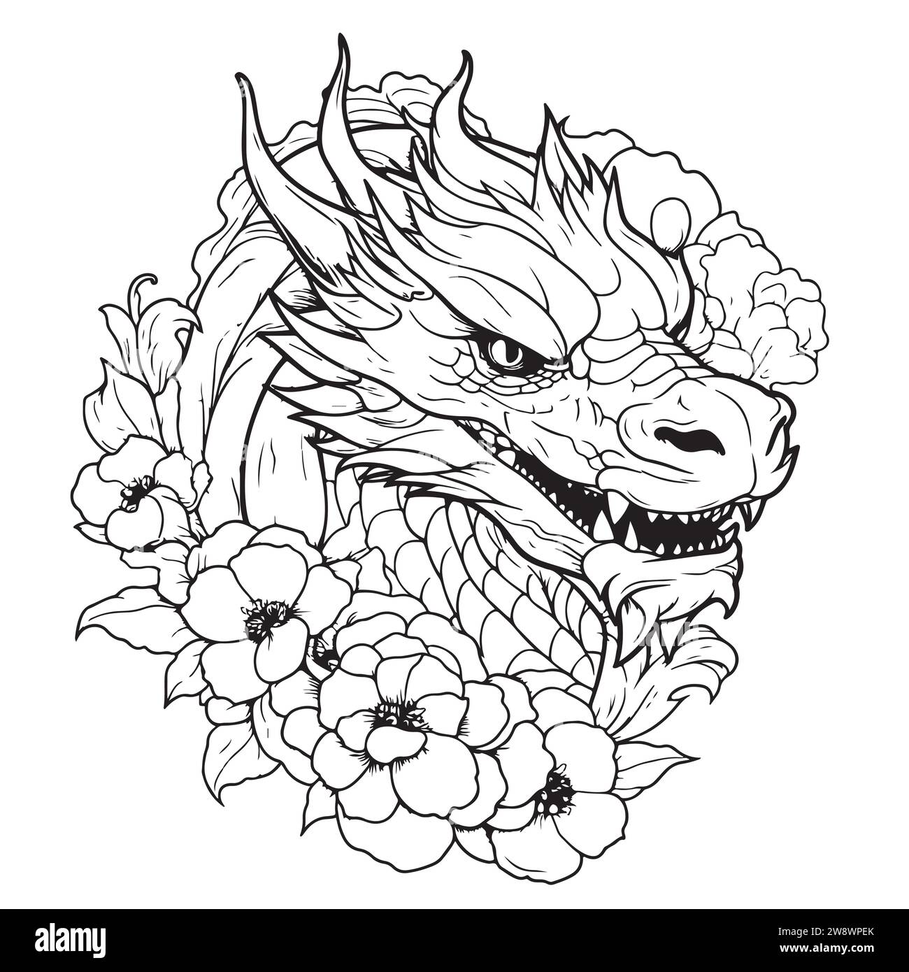 Dragon Head In Flowers Sketch Drawn By Hand Symbol Of The New Year