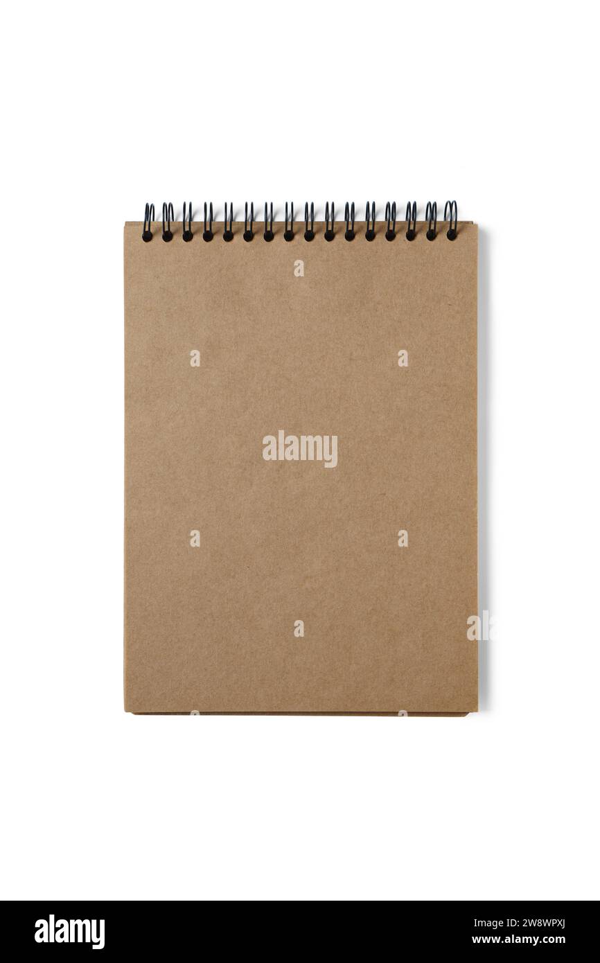 Open spiral bound notepad with craft brown sheets, isolated on white ...
