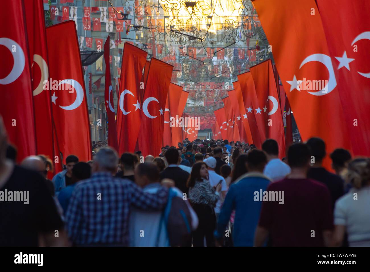 Turkish flags and Turkish people in the Istiklal Avenue. National ...