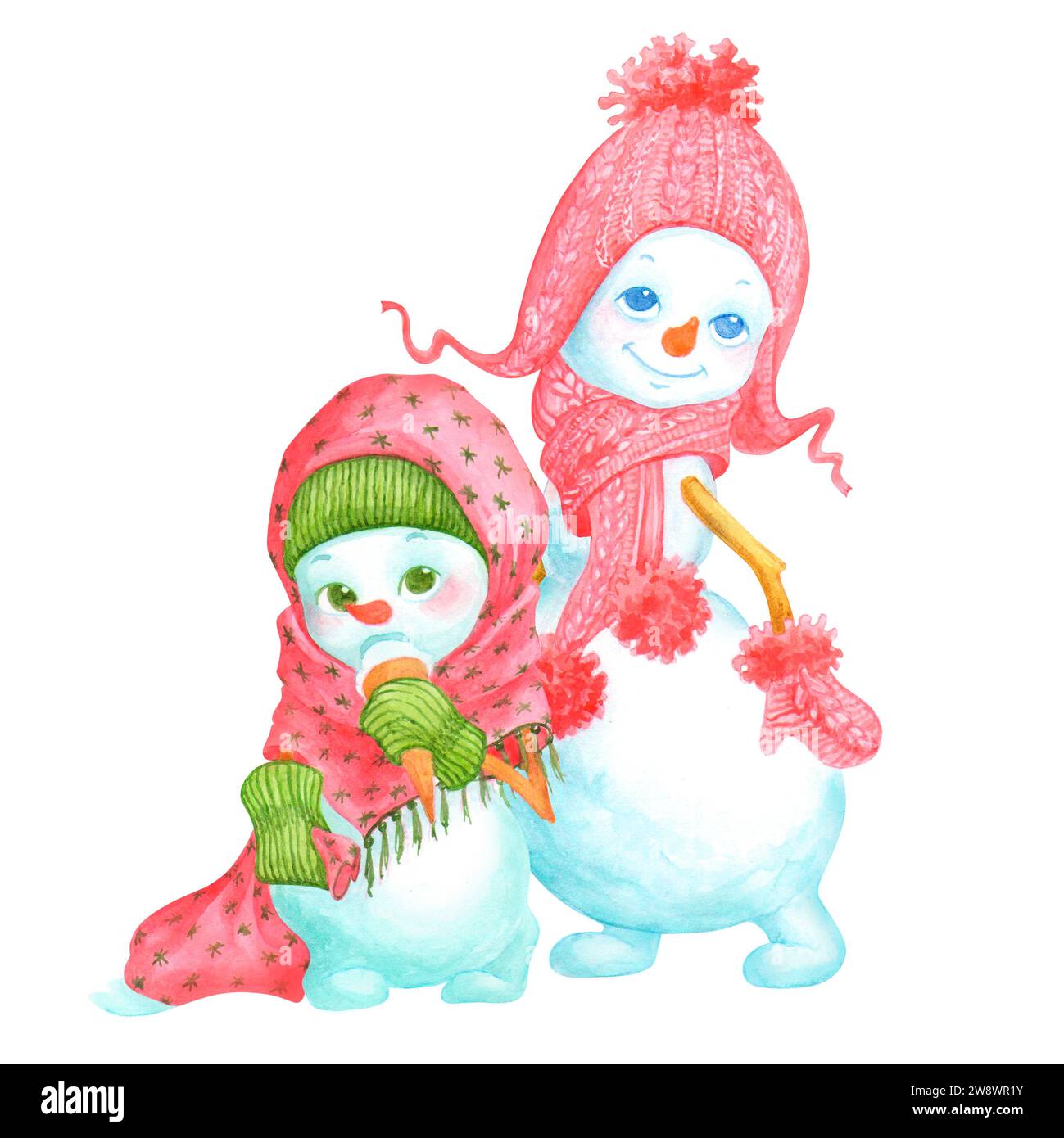 Cute cartoon snowmen little girls in knitted hats and mittens. Isolated ...