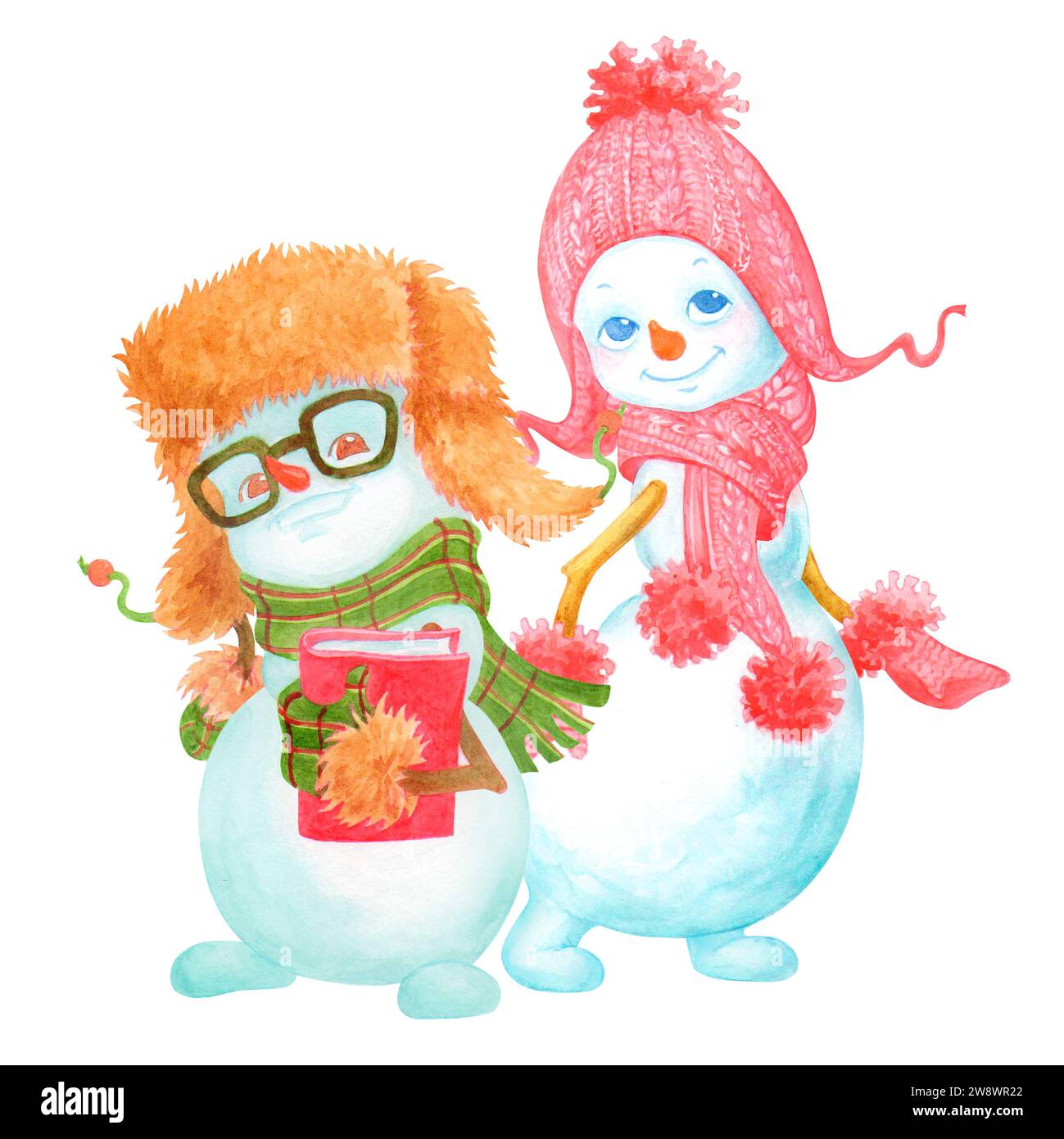 Cute cartoon snowmen children in warm winter hats and mittens. Isolated ...