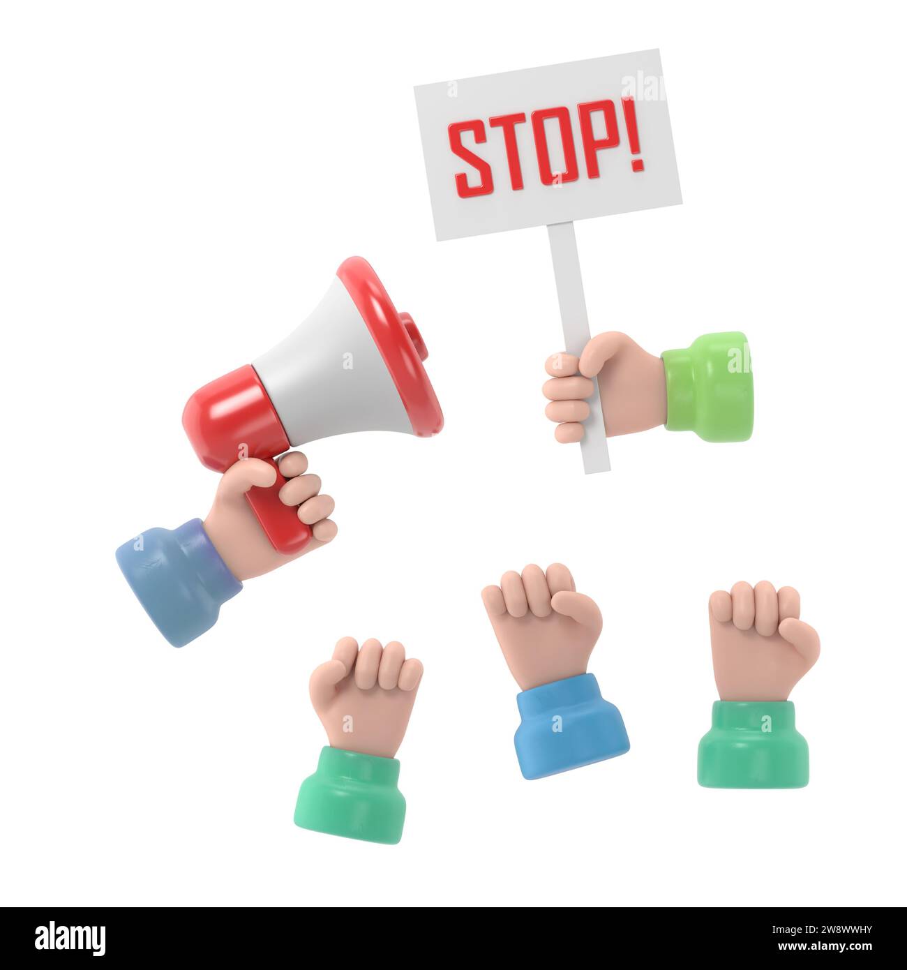 Cartoon hands of demonstrants and hand with Megaphone and stop sign ...