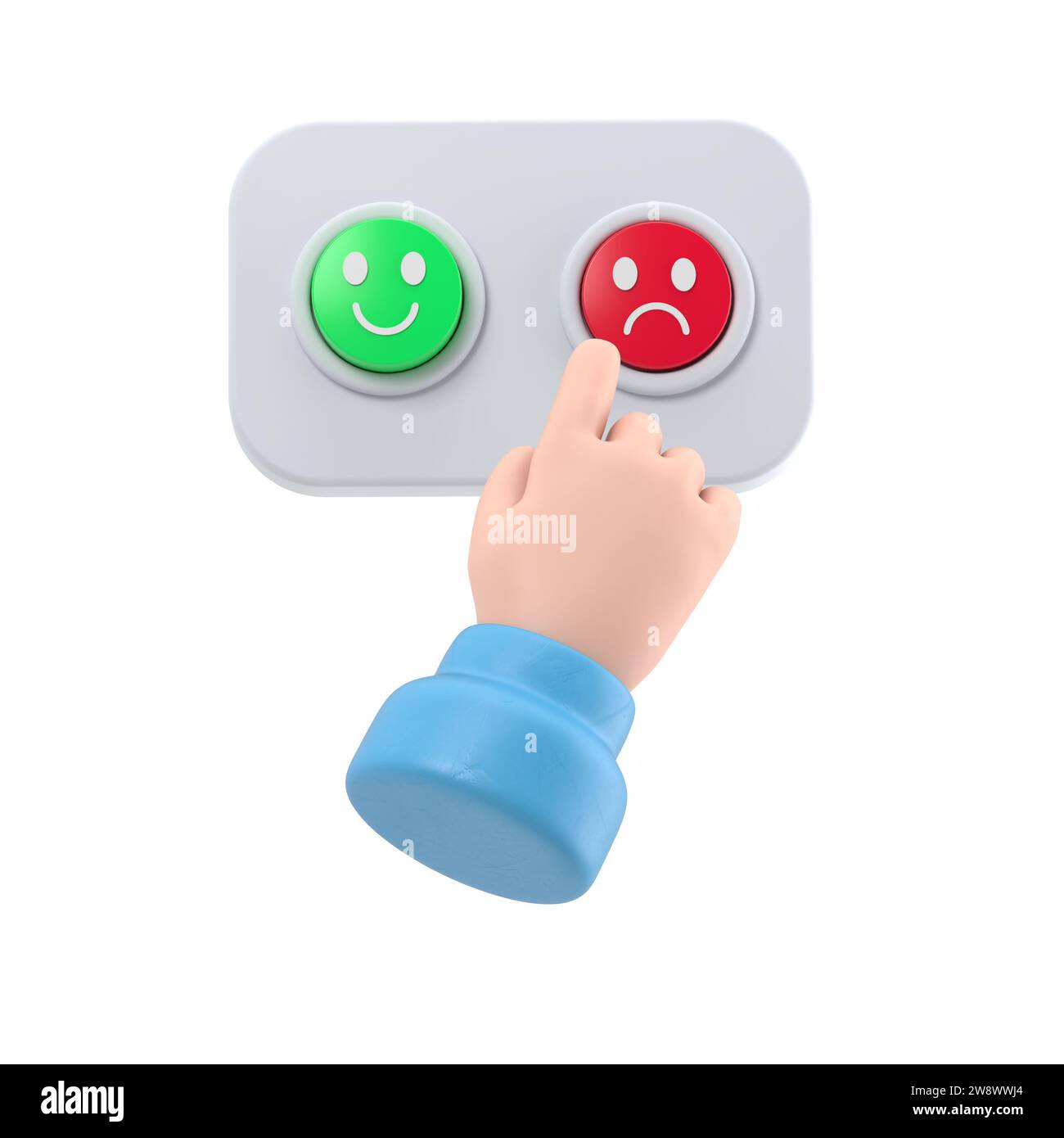 Disappointed customer cartoon hand presses the red button. Business or ...