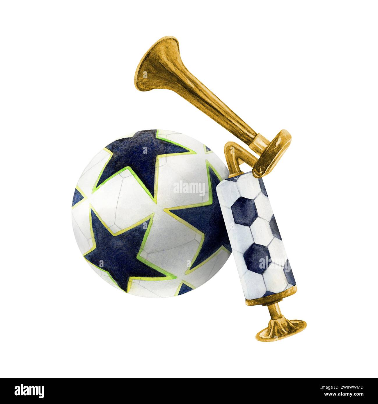 Soccer football ball and vuvuzela pipe watercolor drawing. Stadium fan ...