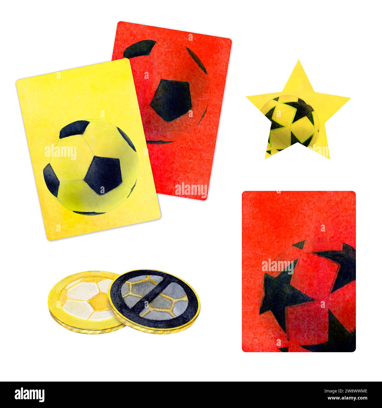 Soccer football red yellow card and coins watercolor drawing. Warning ...