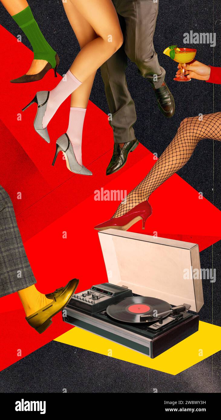 Male and female legs over black red background with retro music player ...