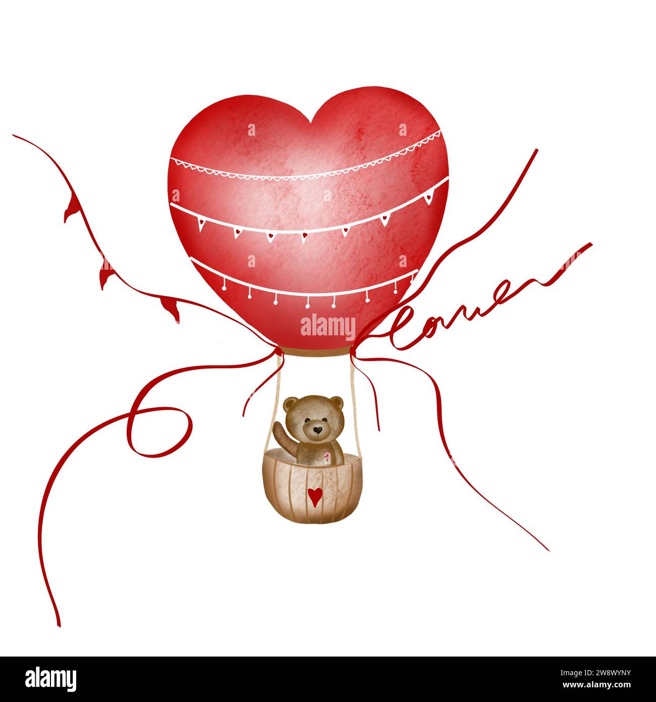 Watercolor drawing of a cute bear in a heart-shaped air balloon. Nice ...