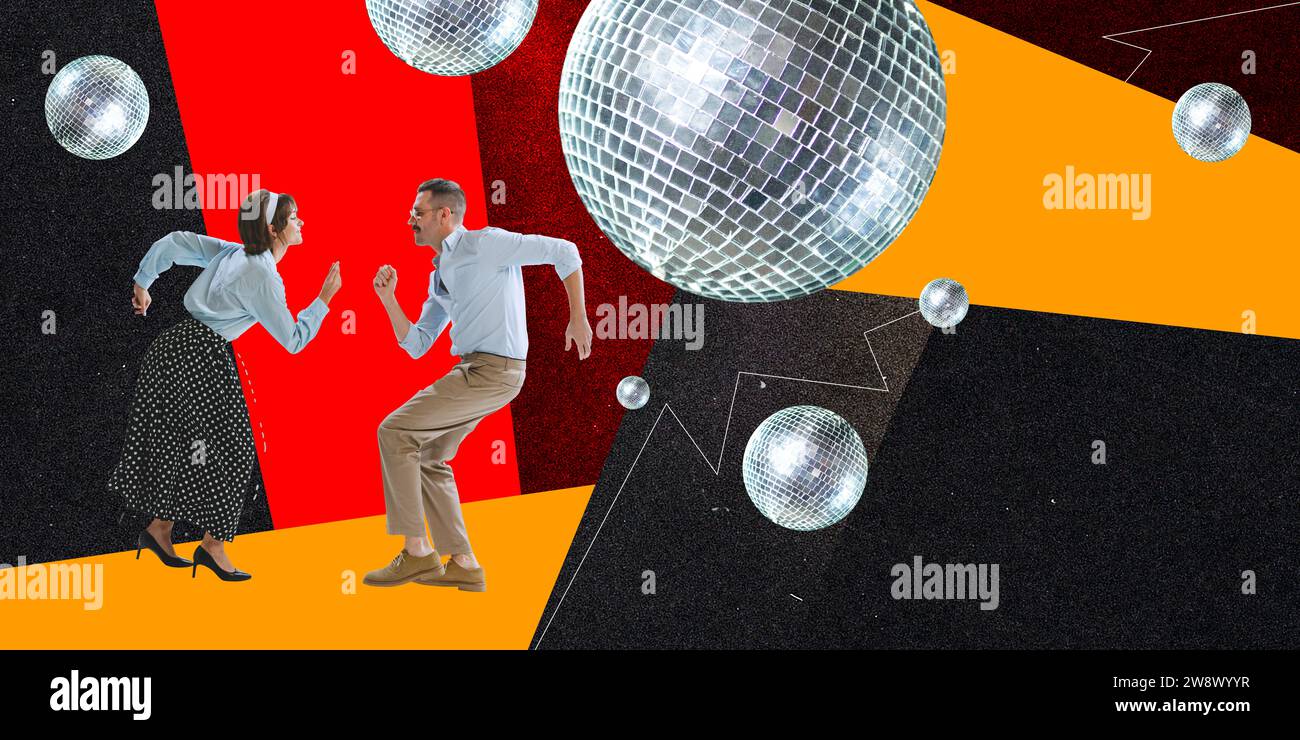 Elegant woman and man in retro clothes dancing over multicolored ...