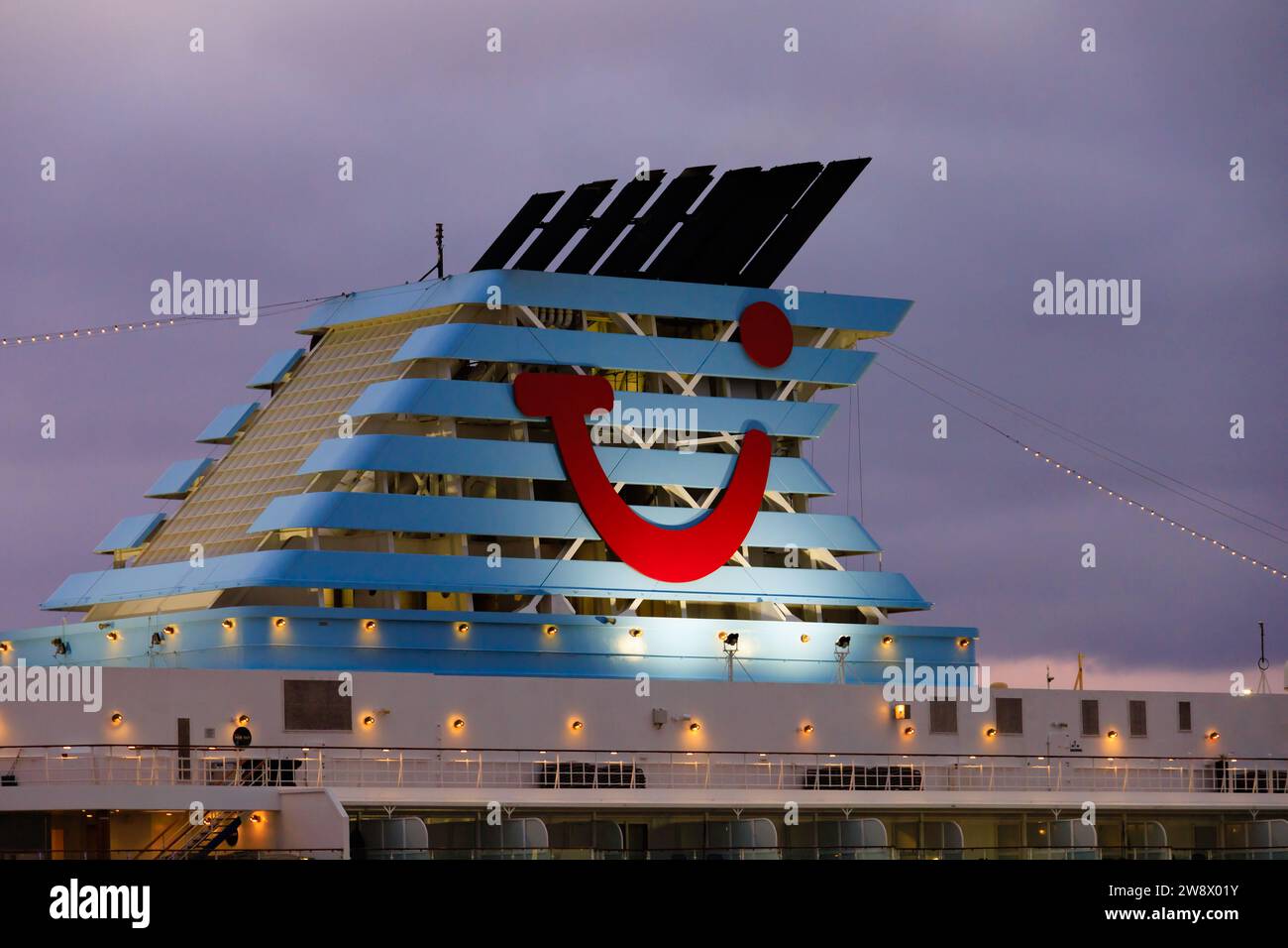 Tui Century Class cruise ship, Marella Explorer, Funnel lit up with Tui ...