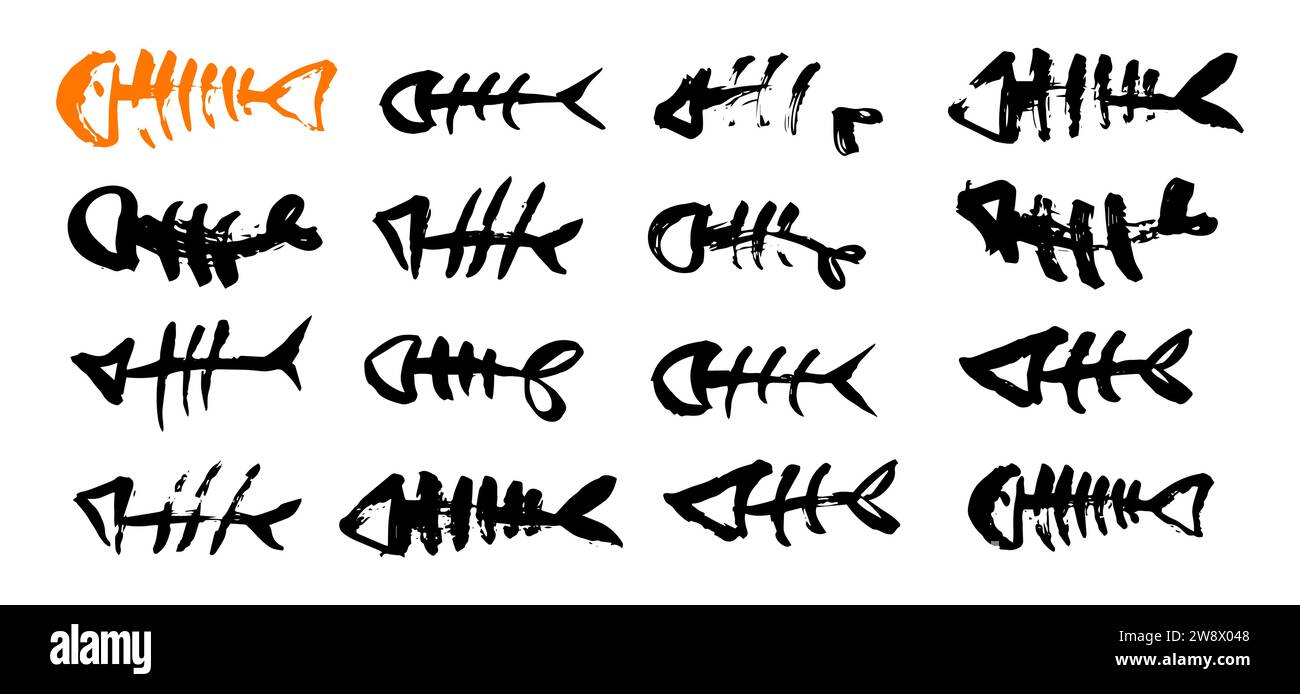 Fish bone skeletons set, hand painted with ink brush stroke, isolated ...