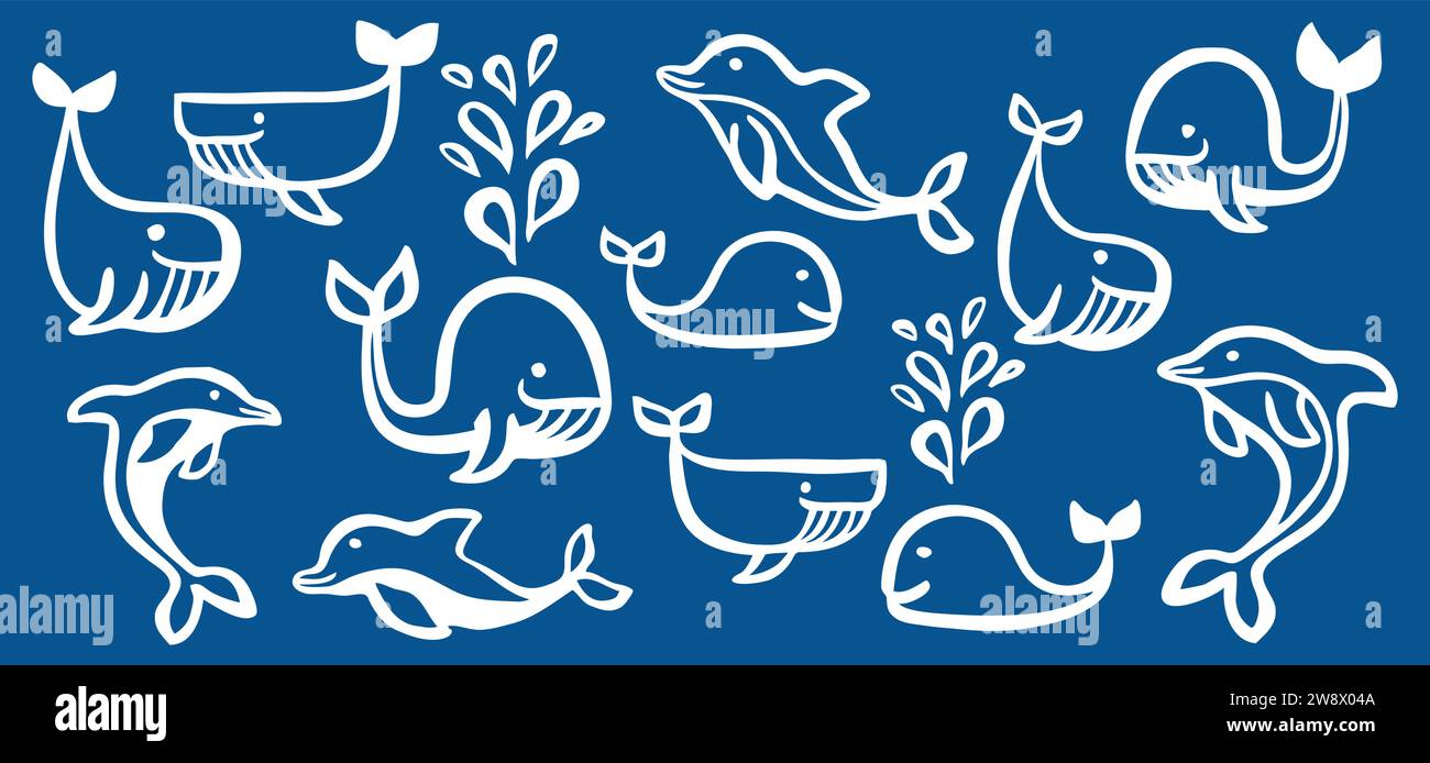 Cute cartoon set of whales and dolphins hand painted with ink brush ...