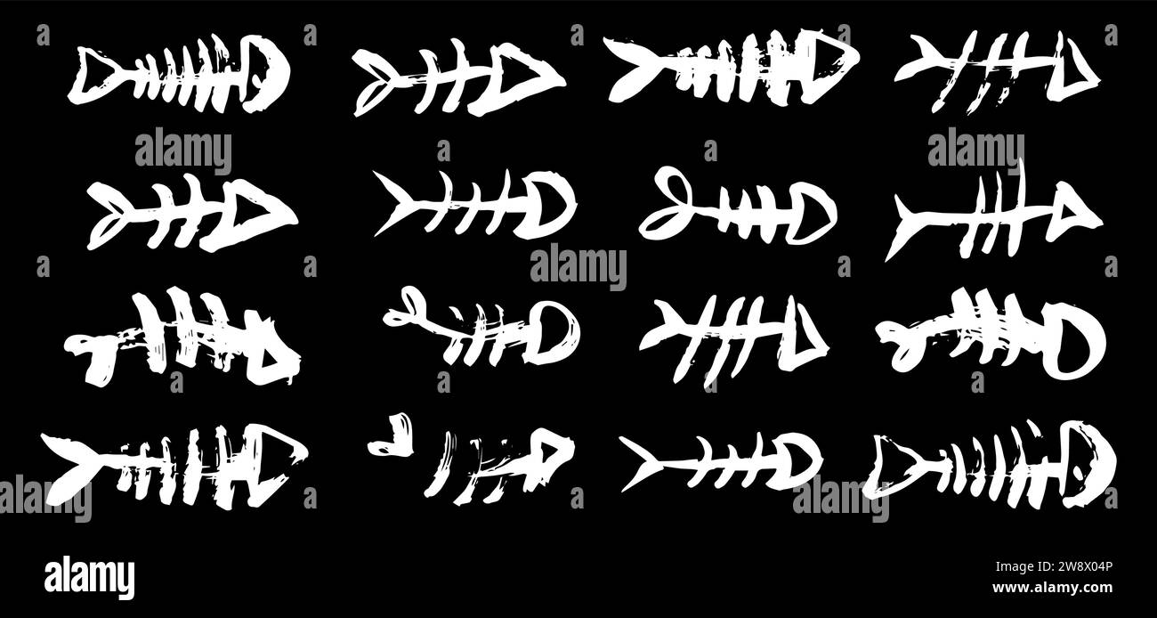 Fish bone skeletons set, hand painted with ink brush stroke, on black ...