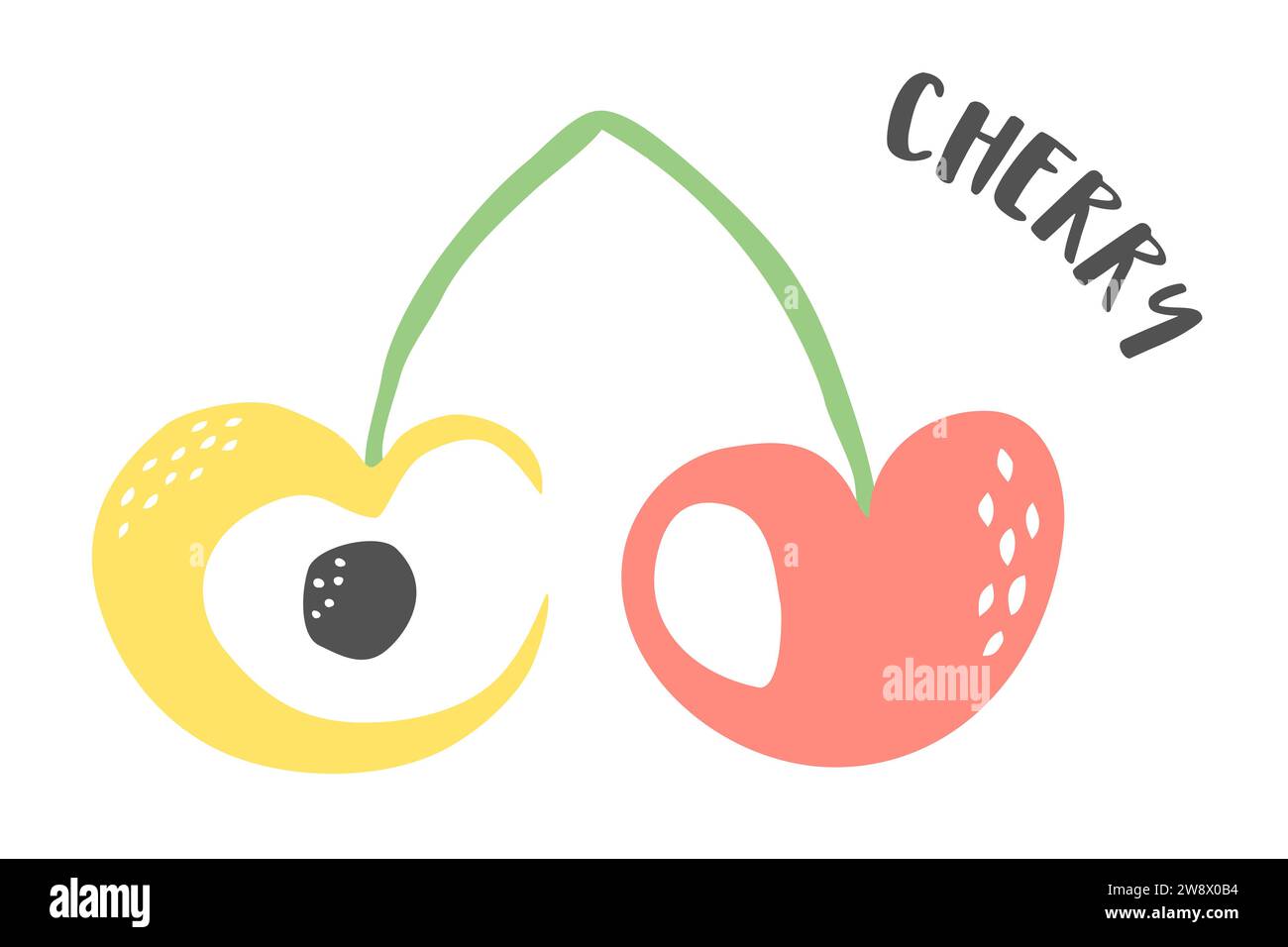 Set of two cherries drawing hand painted with ink brush isolated on ...