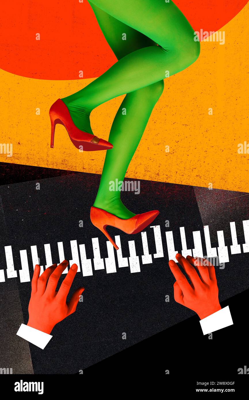 Female legs in green tights and red heels dancing on piano keys over ...