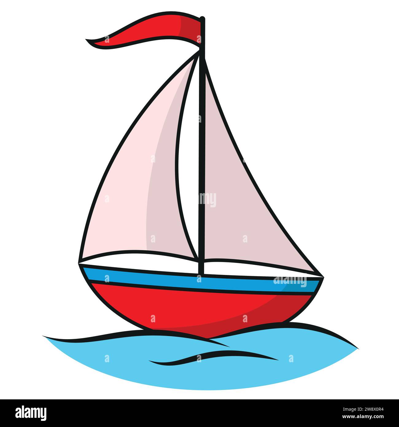 one sailboat on the water - color cartoon vector illustration, isolated ...