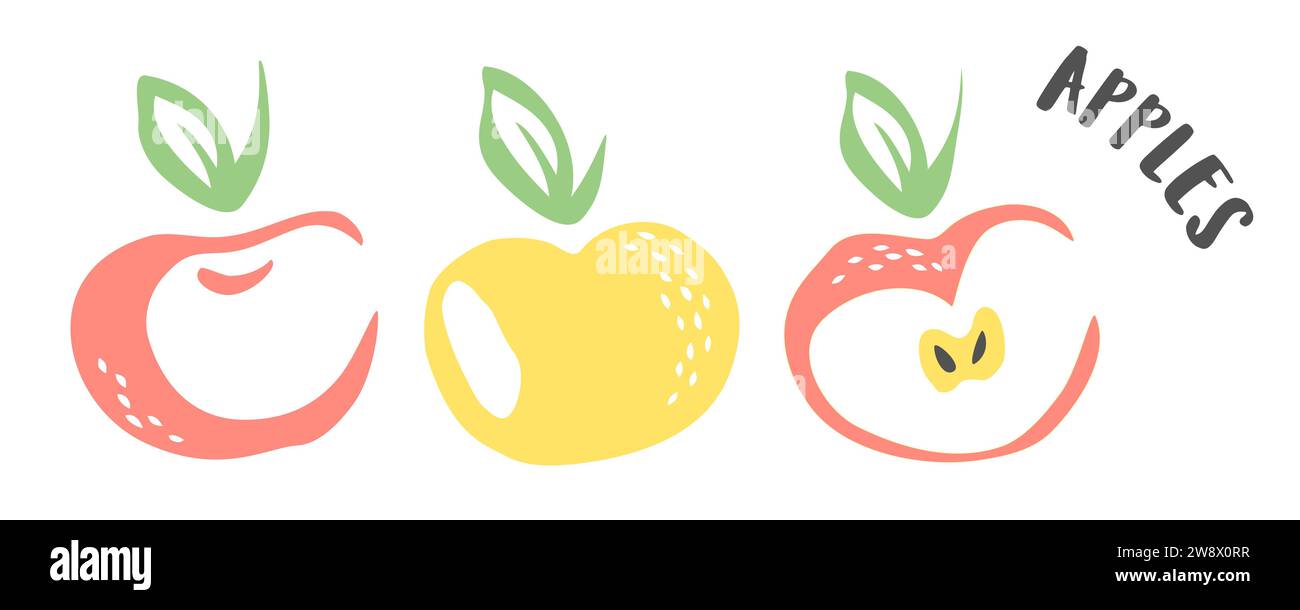 Set of 3 apples drawing hand painted with ink brush isolated on white ...