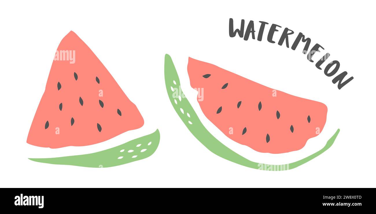 Set of watermelon pieces drawing hand painted with ink brush isolated ...