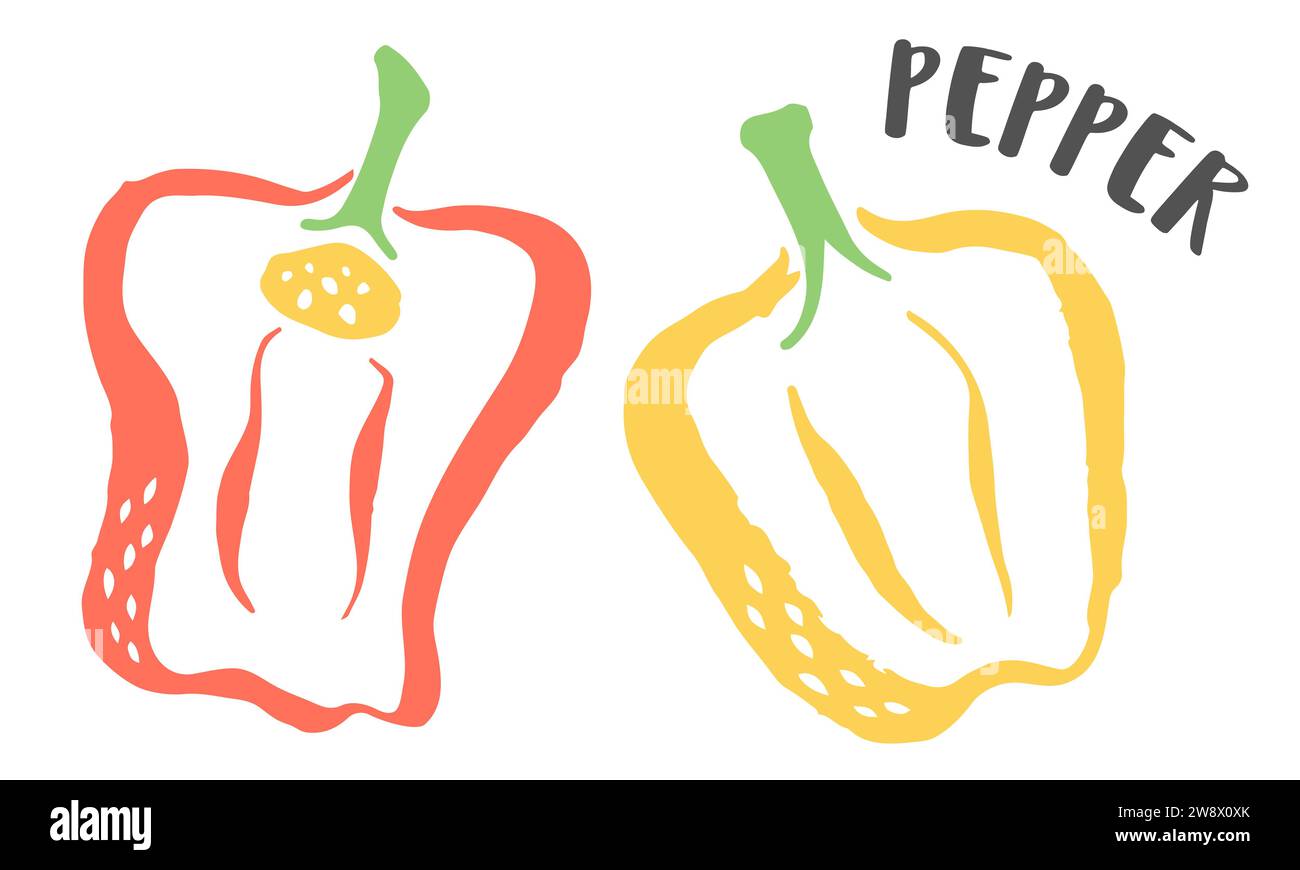 Bell Pepper drawing hand painted with ink brush isolated on white ...