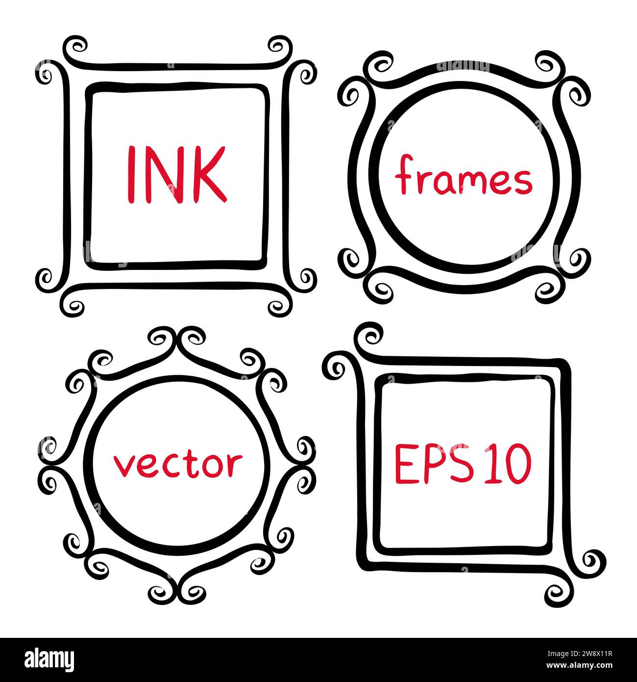 Cute hand made frames set painted with ink brush. Frames with whimsical ...