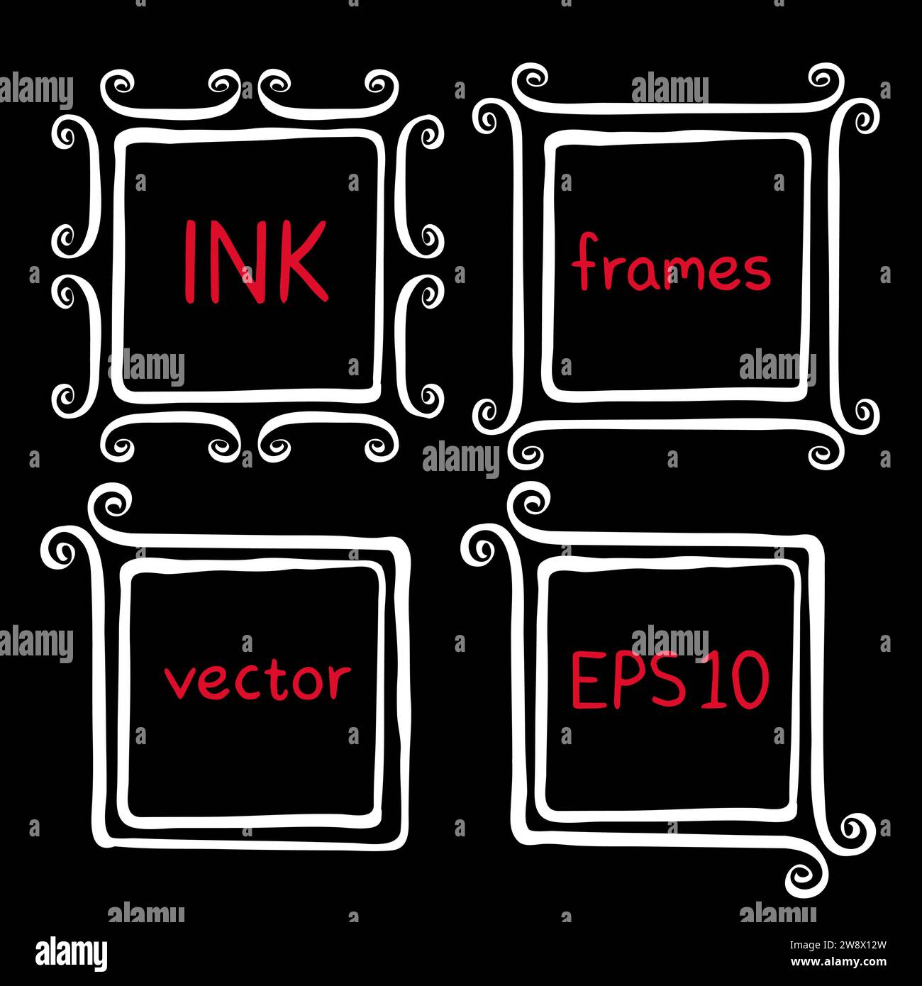 Cute hand made frames set painted with ink brush. Borders with ...