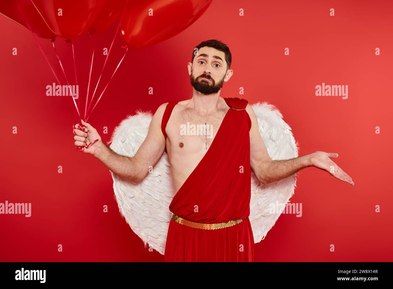 bearded man in cupid costume with heart-shaped balloons showing shrug ...