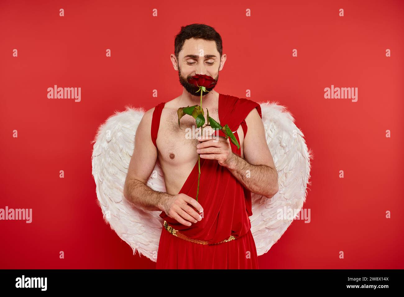 delighted man in cupid costume enjoying flavor of aromatic rose on red ...