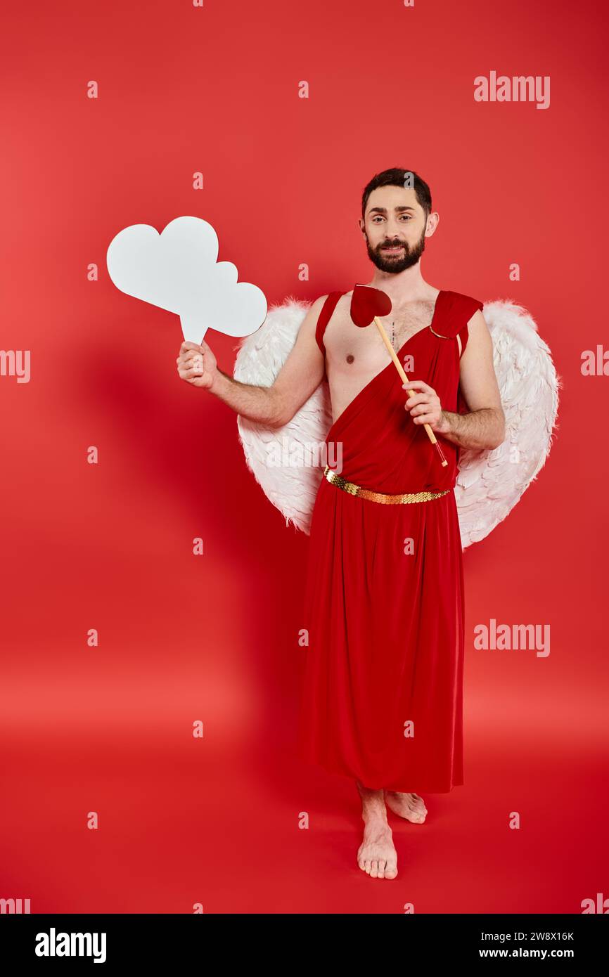 bearded cupid man with white empty thought bubble and hear-shaped arrow ...