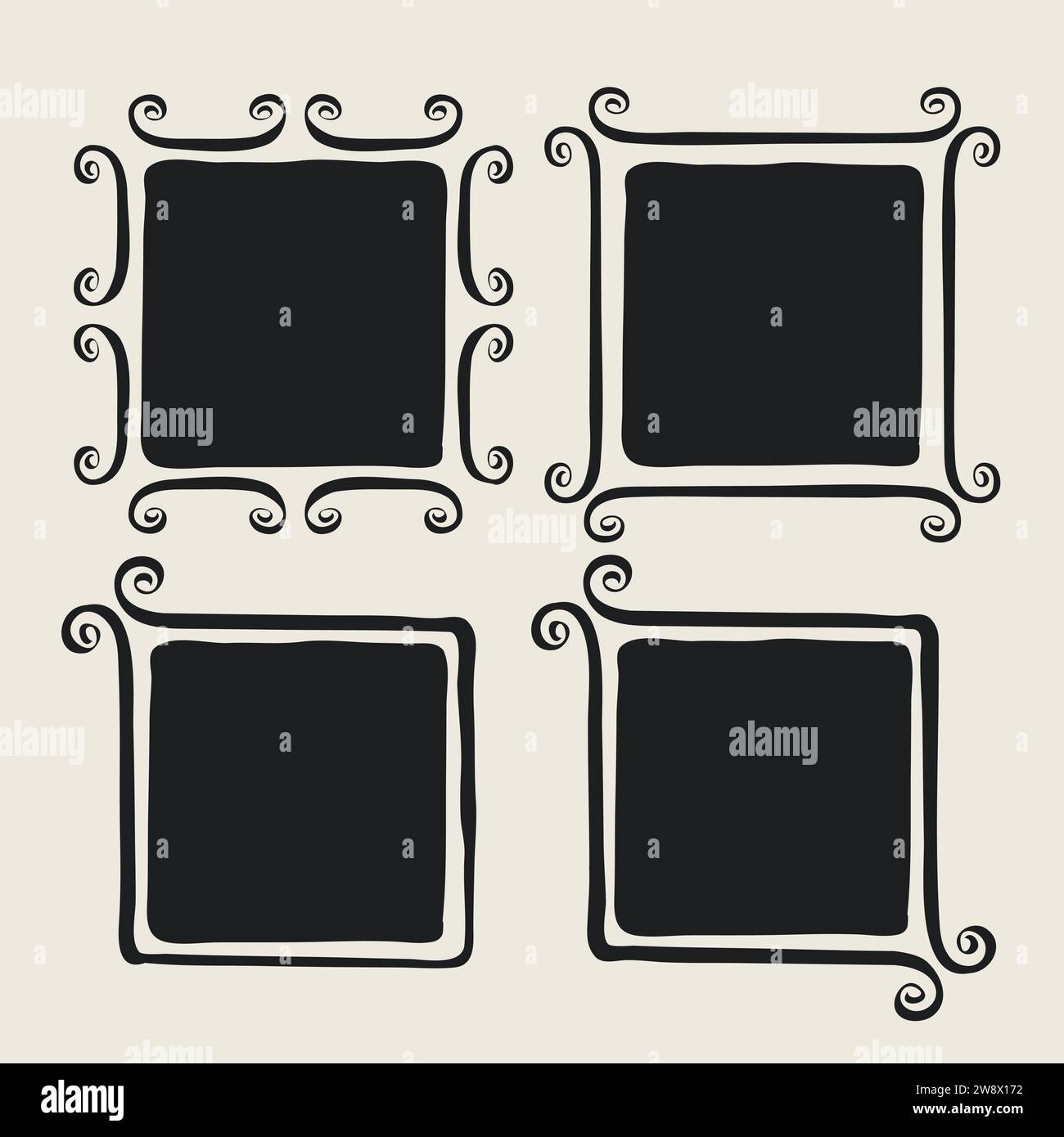 Frames with whimsical swashes. Cute hand made set painted with ink ...