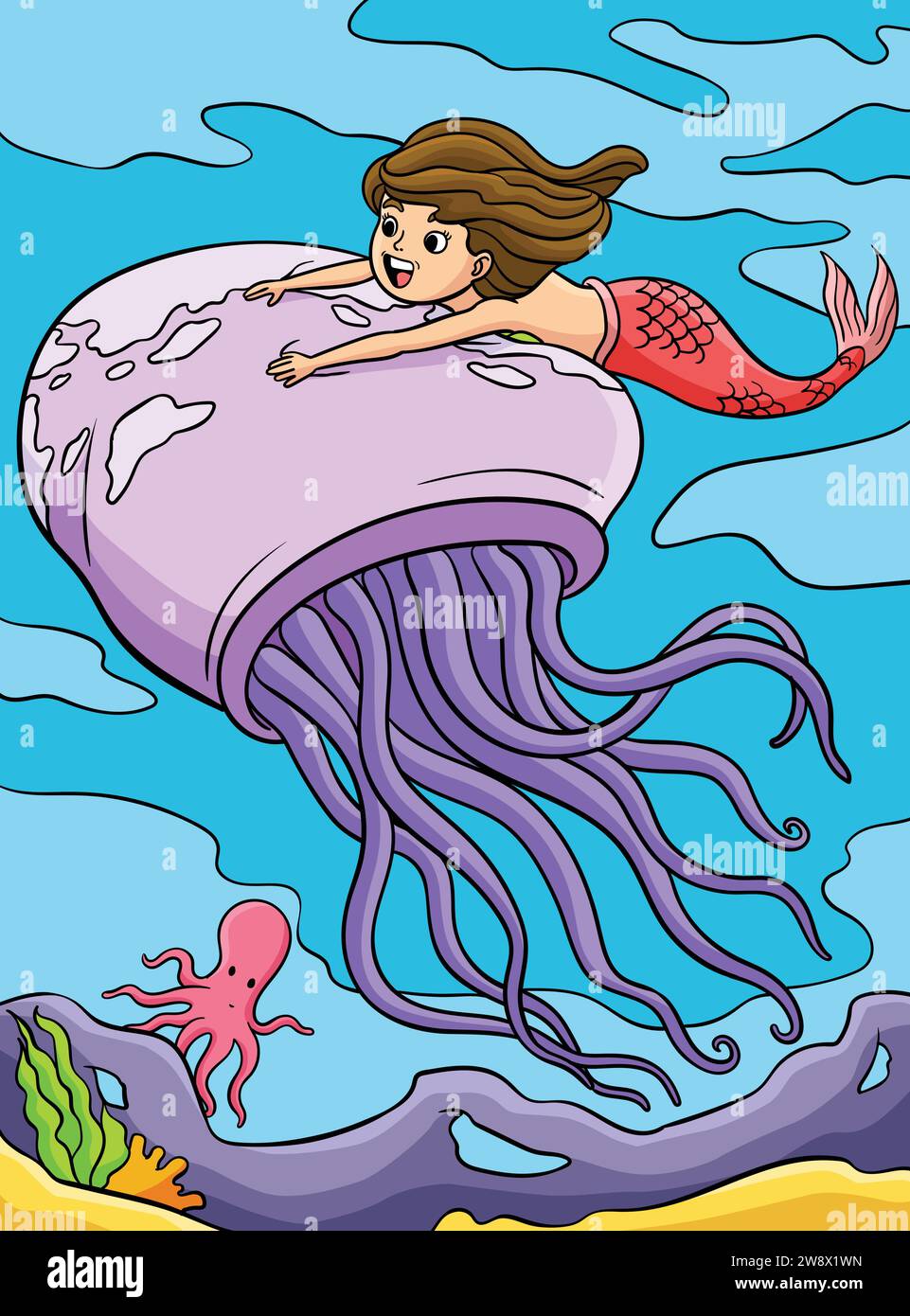 Mermaid Riding in Giant Jellyfish Colored Cartoon Stock Vector Image ...