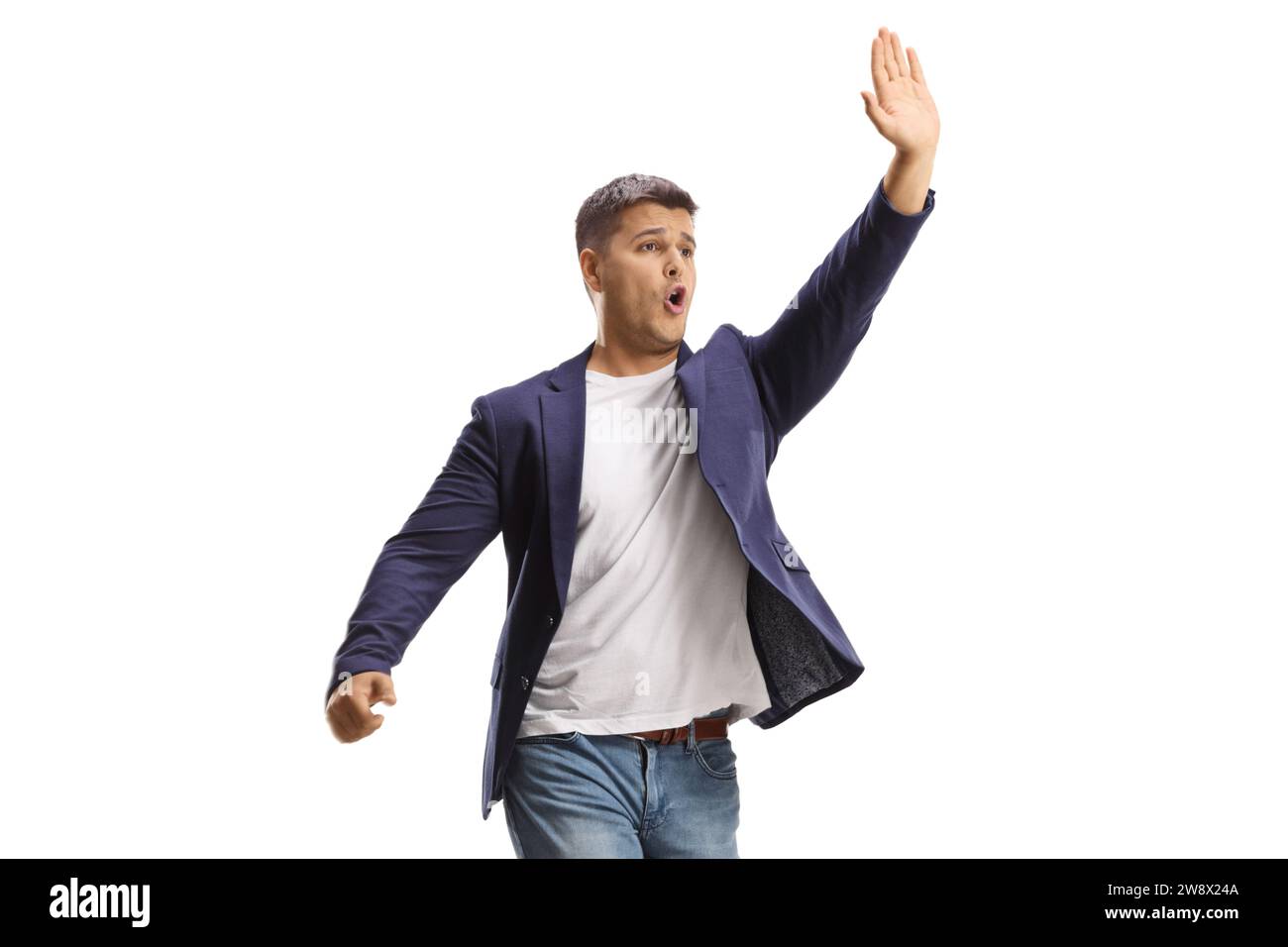 Man gesturing wait with hand and shouting isolated on white background ...