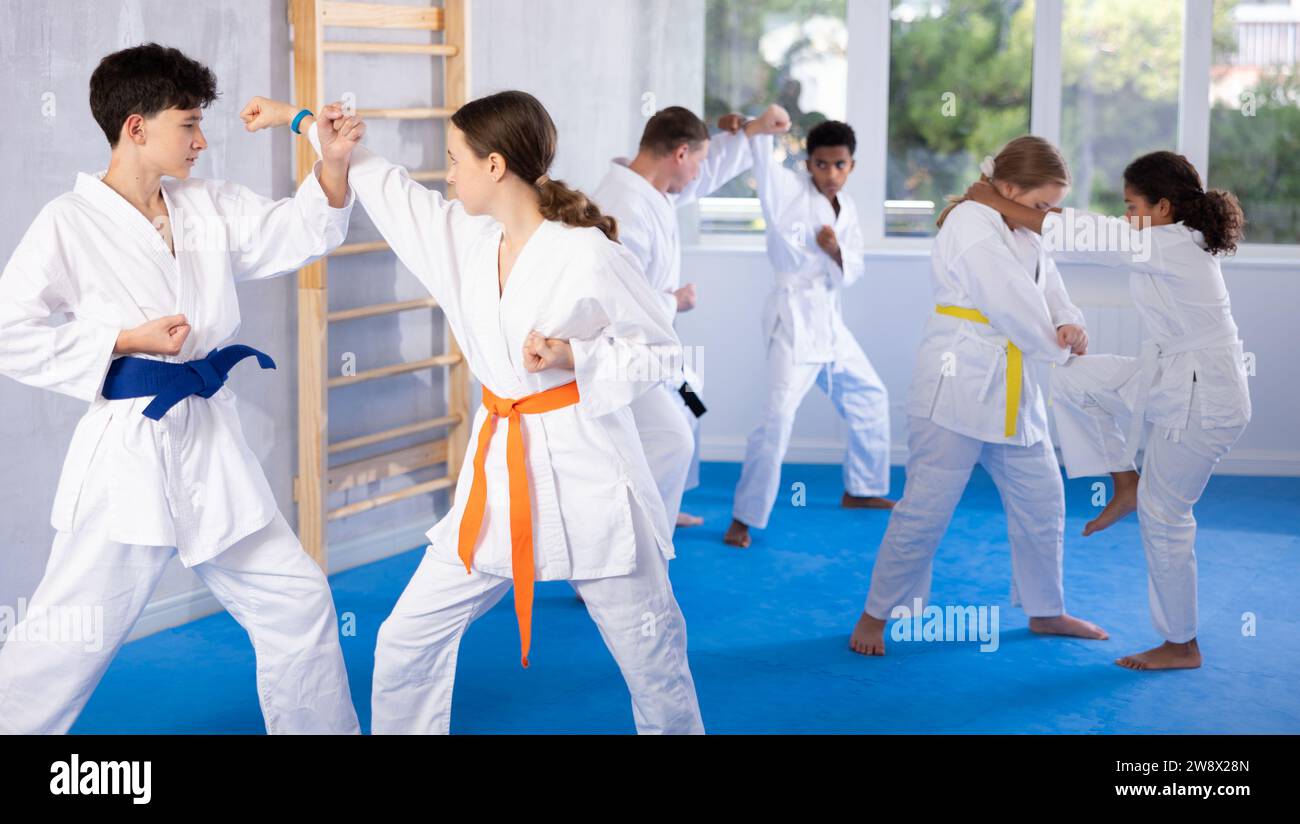 Karate training - girl and boy of different nationalities in pairs ...