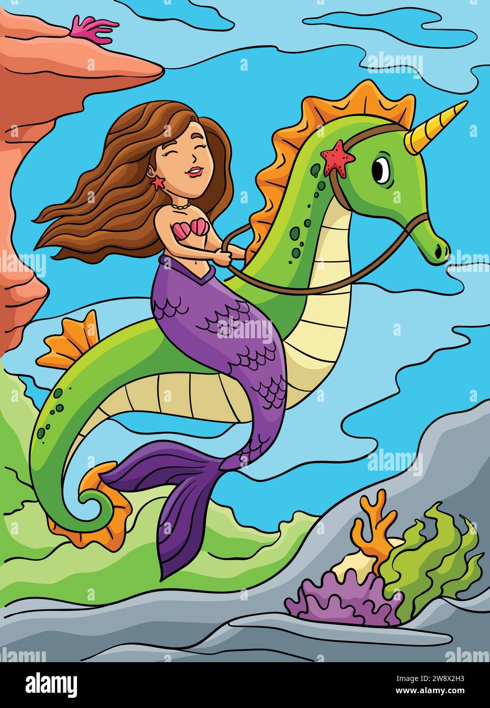 Mermaid Riding Sea Horse Colored Cartoon Stock Vector Image & Art - Alamy