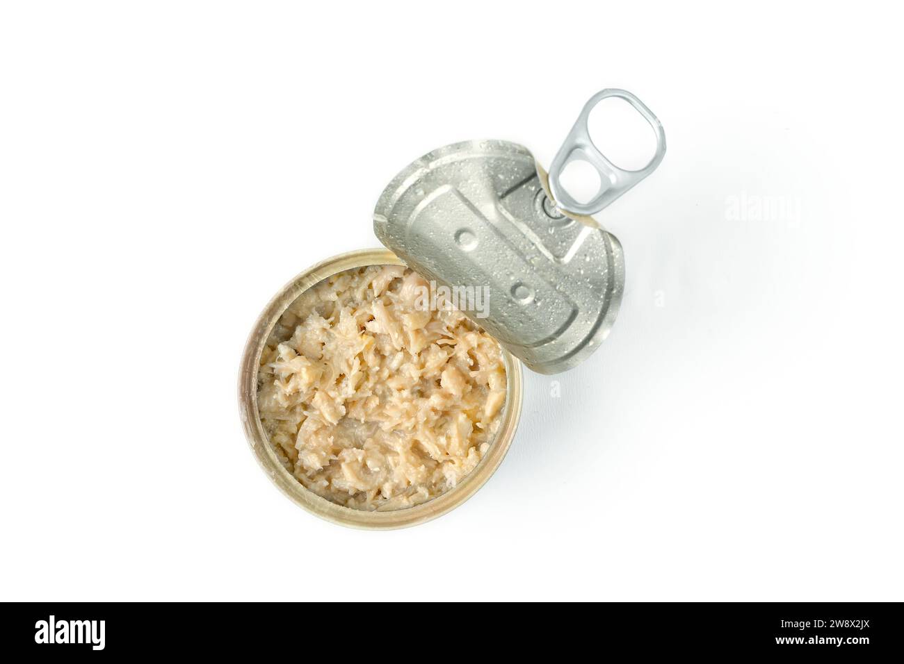 Open can of wet pet food, seen directly from above. Isolated on white ...
