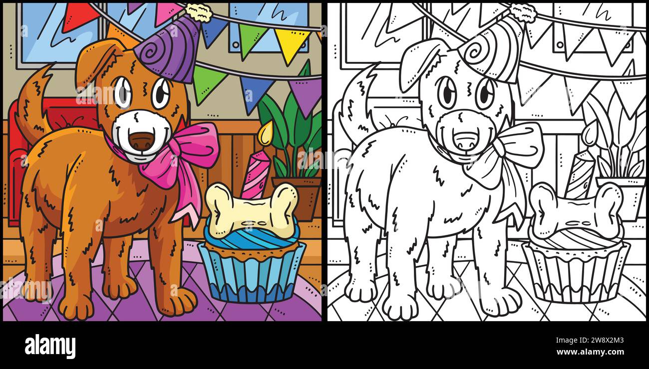 Birthday Dog with Party Hat Coloring Illustration Stock Vector Image ...