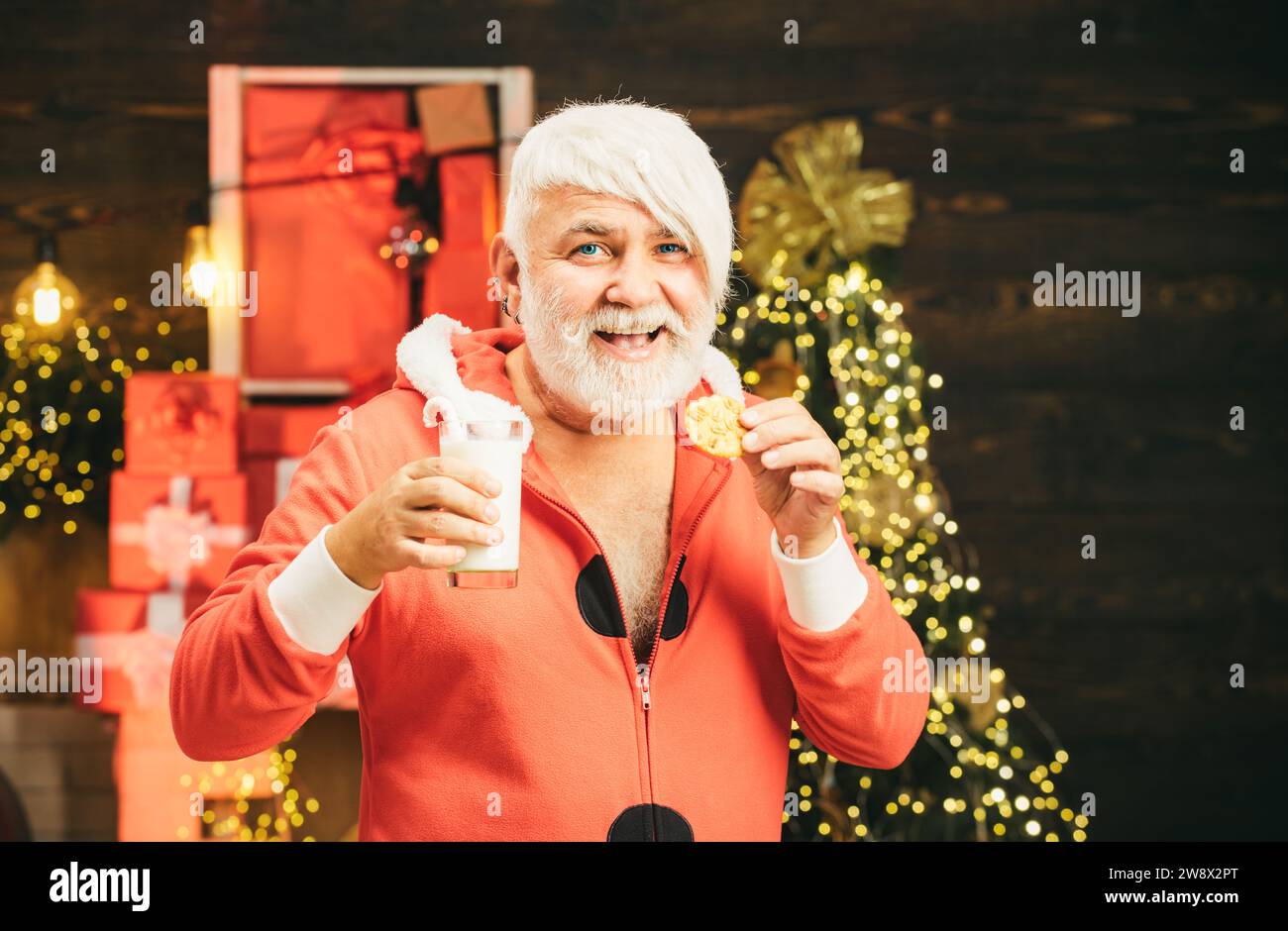 Santa in home. Santa picking cookie and glass of milk at home ...