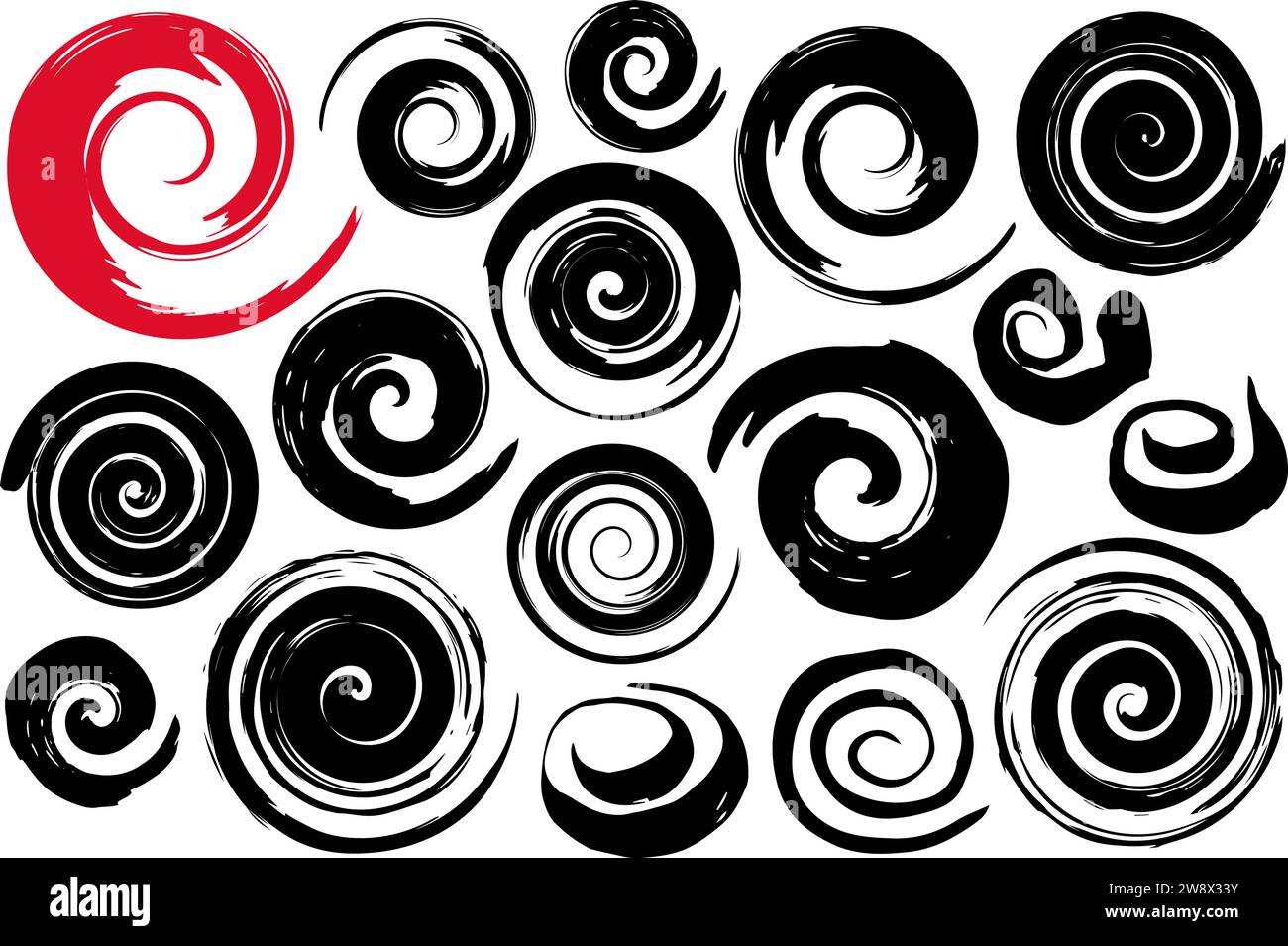 Whimsical spiral symbols set hand painted with ink watercolor brush ...
