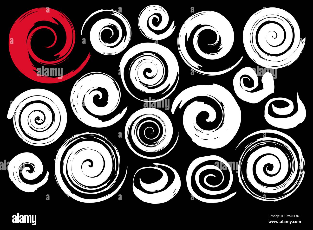 Whimsical spiral symbols set hand painted with ink watercolor brush ...