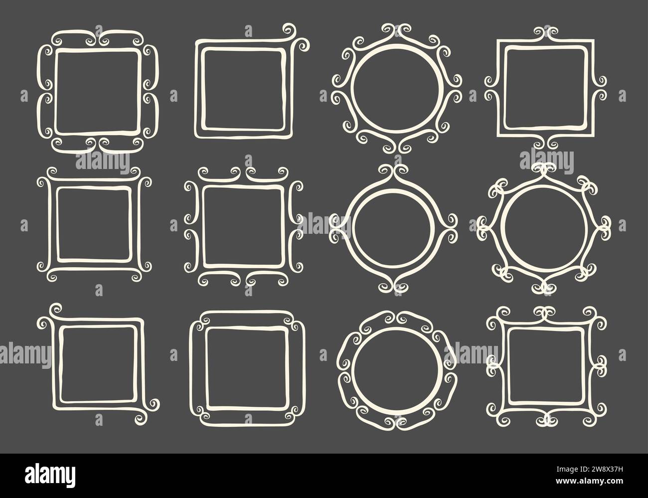 Set of cute hand drawn frames with whimsical swashes painted with ink ...