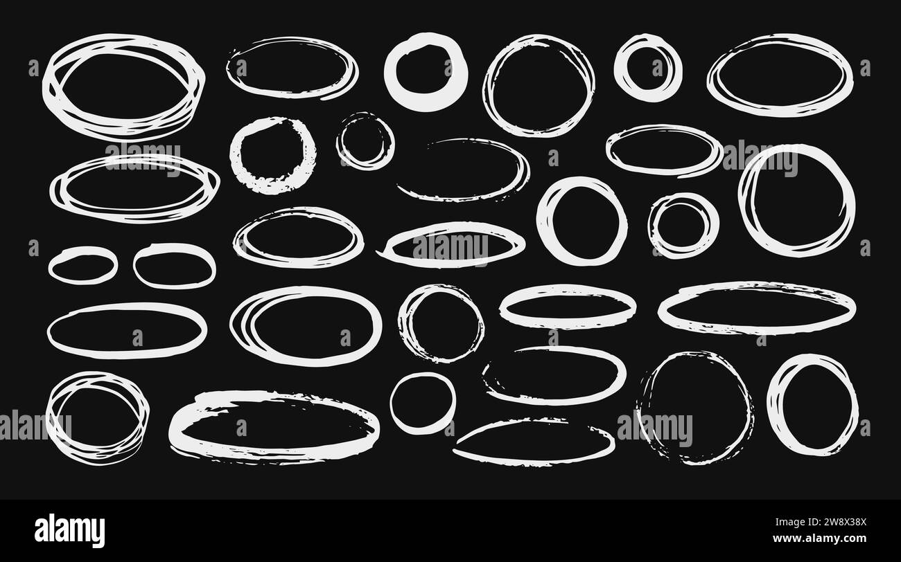 Different circles and ovals set hand painted with ink brush, isolated ...