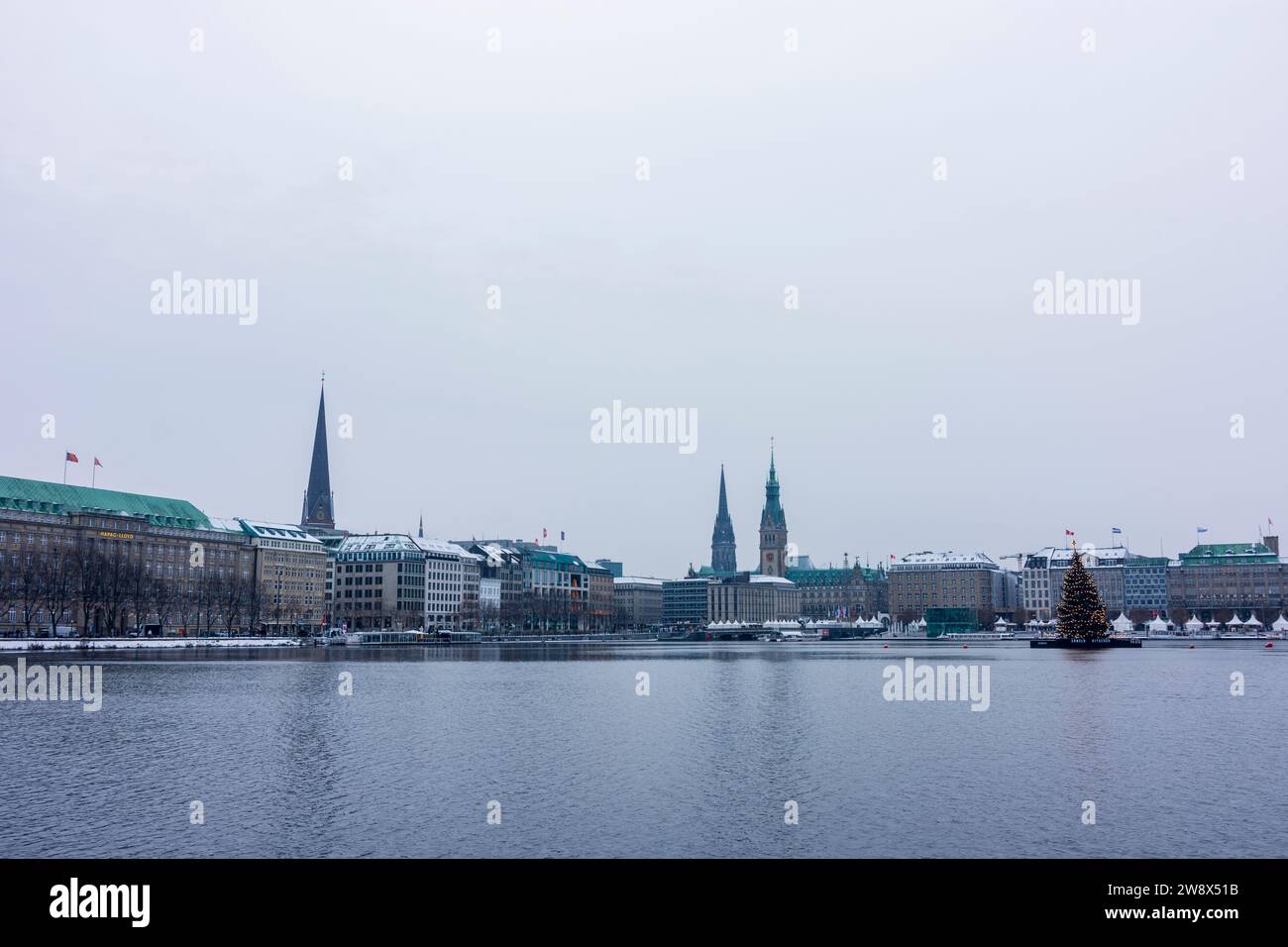 Hamburg: lake Binnenalster, towers of churches Sankt Petri and Sankt ...