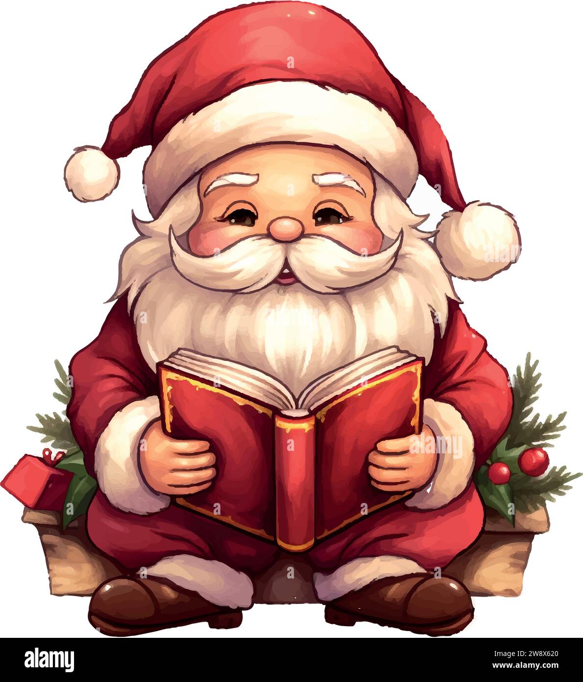 detailed vintage old kawaii santa read book full body, old color, in ...